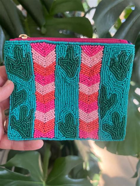 Teal And Pink Cactus Seed Bead Coin Purse Embroidery Craft Teal And