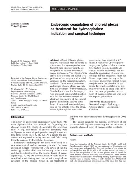 Pdf Endoscopic Coagulation Of Choroid Plexus As Treatment For Hydrocephalus Indication And