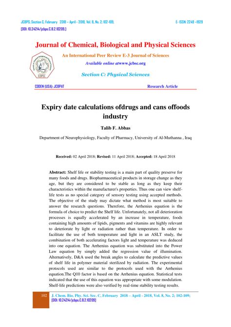 Pdf Section C Physical Sciences Expiry Date Calculations Ofdrugs And Cans Offoods Industry