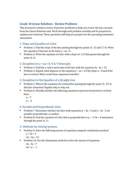 Grade 10 Linear Relations Review Problems Pdf Line Geometry Equations