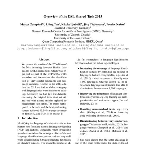 Overview Of The Dsl Shared Task 2015 Acl Anthology