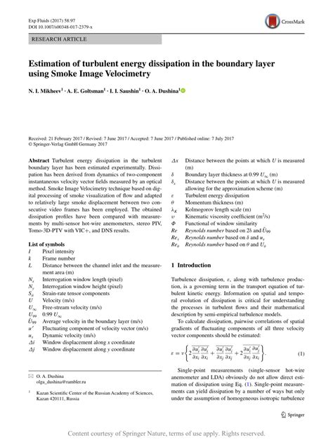 Estimation Of Turbulent Energy Dissipation In The Boundary Layer Using Smoke Image Velocimetry