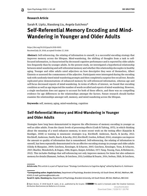 Pdf Self Referential Memory Encoding And Mind Wandering In Younger
