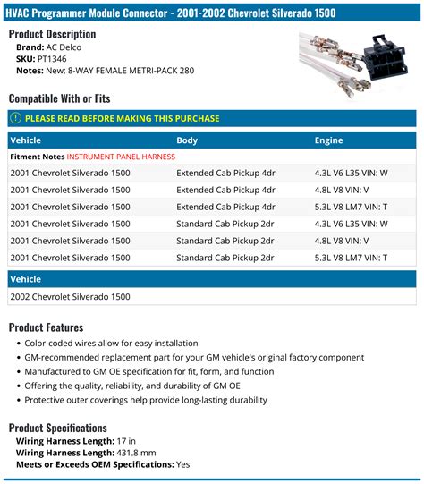 2001 2002 Chevrolet Silverado 1500 Hvac Programmer Module Connector