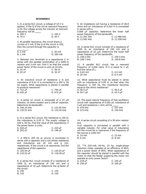 Resonance Practice Problems Download Free Pdf Series And Parallel