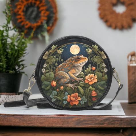 Magic Toad And Moon Floral Round Bag Goblincore Flowers Toad Cross