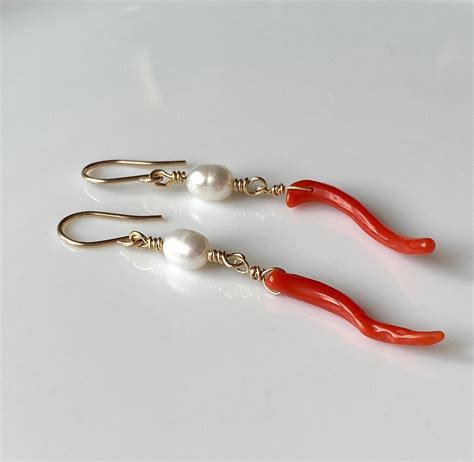 Vintage Italian Red Coral Branch And Pearl Earrings Mediterranean
