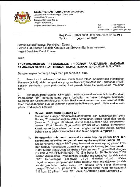 surat penambahbaikan pelaksanaan rmt pdf