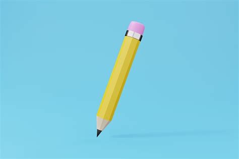 연한 파란색 배경에 분홍색 지우개가 있는 노란색 연필의 미니멀한 렌더링 창조적 인 교육 디자인 쓰기 학교 배우다 웹 인쇄