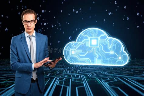 Attractive Businessman Using Mobile Phone With Glowing Cloud Computing