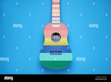 Colorful Ukulele On Light Blue Background Top View String Musical Instrument Stock Photo Alamy