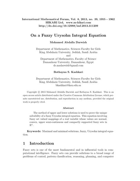 Pdf On A Fuzzy Urysohn Integral Equation