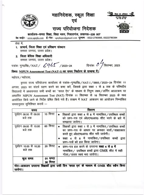 Nipun Assessment Test Nat 01 के समय निर्धारण के सम्बन्ध में आदेश बेसिक शिक्षा समाचार