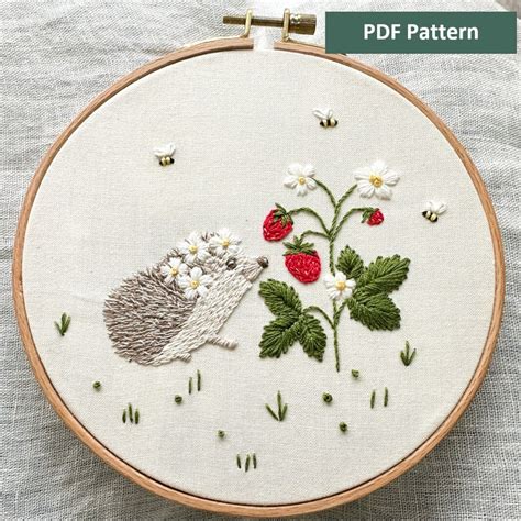 Hedgehog Embroidery Pattern Pdf For Woodland Room Décor Hedgehog And Strawberries Embroidered