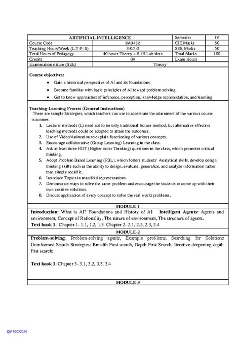 Ai 4 Thsem Good Artificial Intelligence Semester Iv Course Code Bad402 Cie Marks 50 Teaching