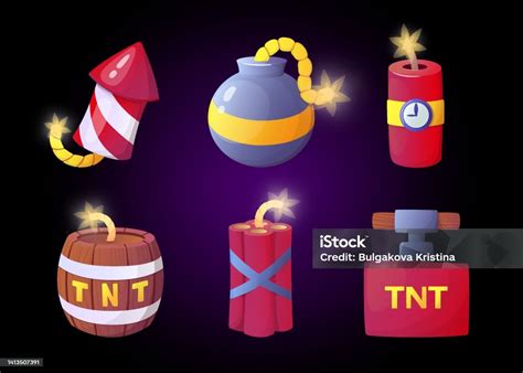 Set Of Explosive Icons And Detonating Fuse Isolated On White Background