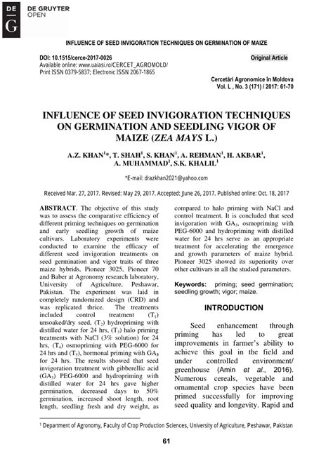 Pdf Influence Of Seed Invigoration Techniques On Germination Of Maize Influence Of Seed