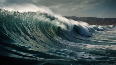 뒤에 산이 있는 큰 녹색 물결 쓰나미 파도 사진 배경 일러스트 및 사진 무료 다운로드 Pngtree