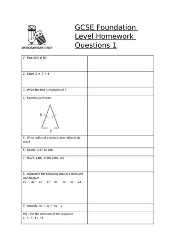 Gcse Maths Foundation Level Homework Worksheets Teaching Resources