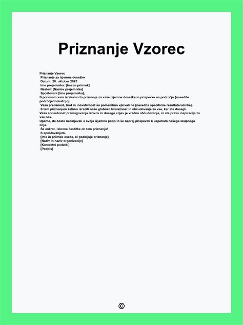 Priznanje Vzorec Priznanje Vzorec