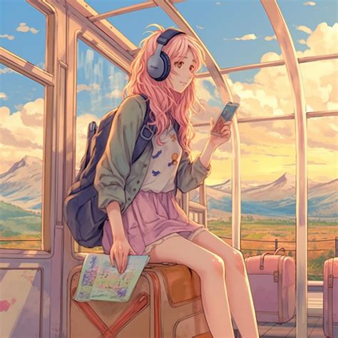 Premium Ai Image Anime Girl Sitting On A Suitcase With Headphones On And Looking At Her Phone