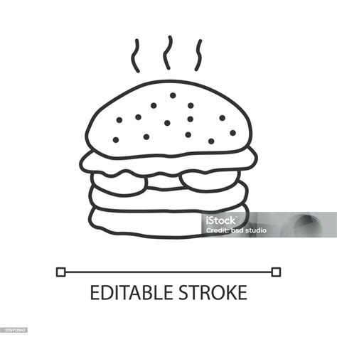 맛있는 햄버거 선형 아이콘입니다 맛있는 햄버거 얇은 라인 그림입니다 건강에 해로운 영양 유해한 식사 테이크 아웃 서비스 윤곽 기호 패스트 푸드 벡터 격리 윤곽선 도면 편집