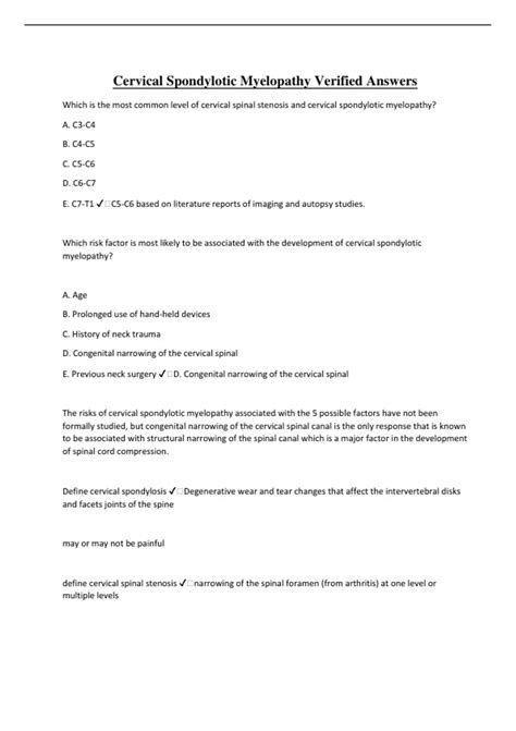 Cervical Spondylotic Myelopathy Verified Answers Cervical Spondylotic Myelopathy Verified