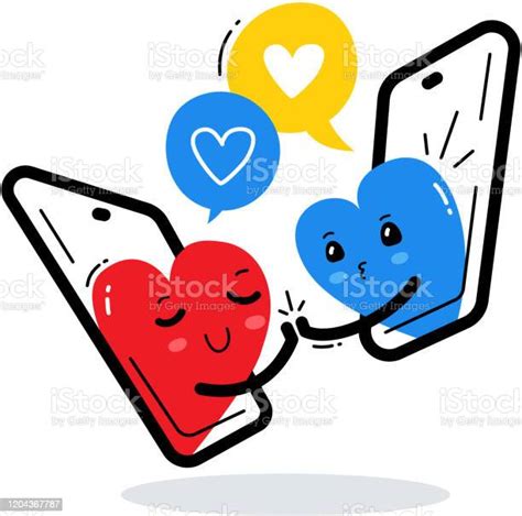 스마트 폰에서 행복 빨간색과 파란색 심장 문자의 벡터 그림은 흰색 배경에 서로의 손을 잡고 0명에 대한 스톡 벡터 아트 및 기타 이미지 Istock