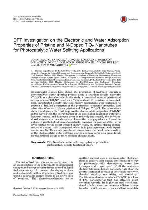 PDF DFT Investigation On The Electronic And Water Adsorption Properties Of Pristine And N