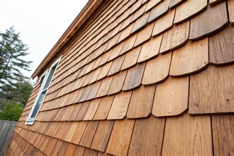 overlapping western red cedar shingles on wooden wall stock