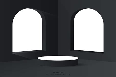 아치 창문 사이의 모퉁이 방에 있는 추상적인 흰색 검정색 3d 실린더 연단 무대 받침대 제품 전시를 위한 빈 코너 룸 최소한의