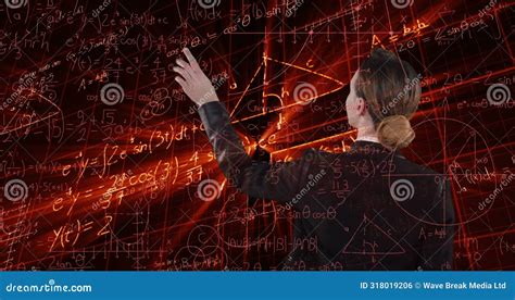 Image Of Mathematical Equations Over Digital Model Of Human Brain On Black Background Stock