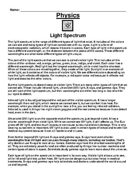 Physics Light Spectrum Article And Questions Assignment Classful