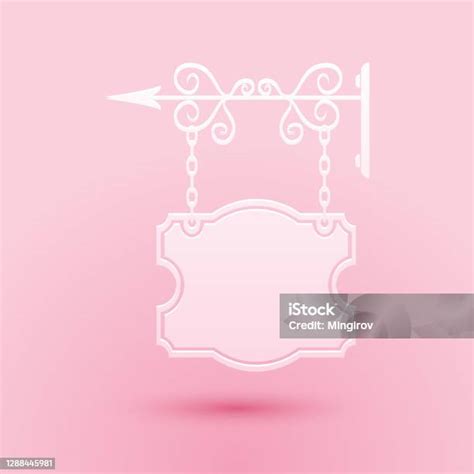 종이 컷 빈티지 거리 간판 분홍색 배경에 고립 된 단조 브래킷 아이콘에 매달려 광고 바 카페 술집 레스토랑에 적합합니다 종이 아트 스타일 벡터 간판에 대한 스톡 벡터 아트