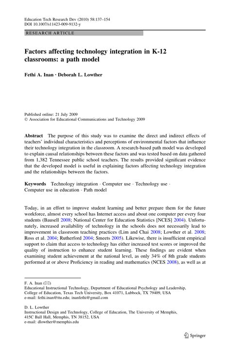 Pdf Factors Affecting Technology Integration In K 12 Classrooms A Path Model