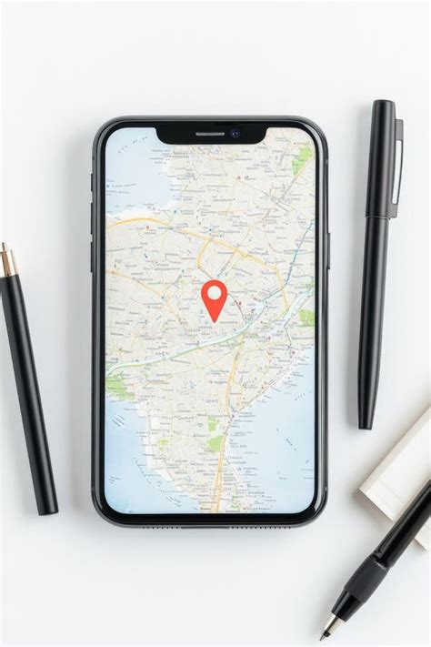 Modern Smartphone Featuring A Detailed Navigation Map With A Bold Red Location Pin Surrounded
