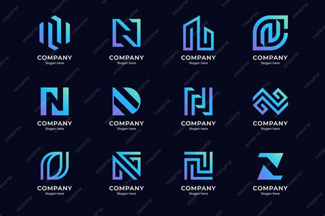 기업 기술 등에 적합한 파란색 및 보라색 그라데이션 색상 스타일 및 진한 파란색 배경과 문자 N 로고 및 조합 세트 프리미엄 벡터