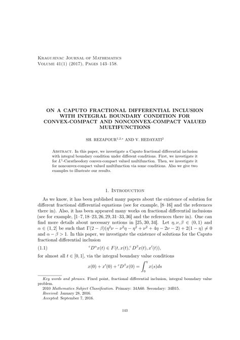 Pdf On A Caputo Fractional Differential Inclusion With Integral Boundary Condition For Convex