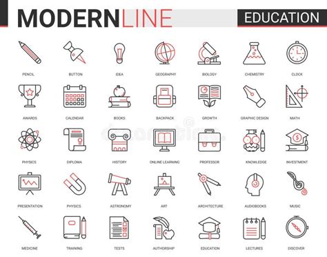 Education Flat Thin Red Black Line Icon Vector Illustration Set With Outline Infographic School