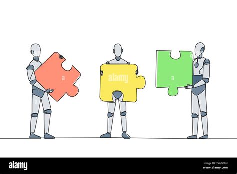 Single One Line Drawing Three Robots Each Carrying Three Puzzle Pieces