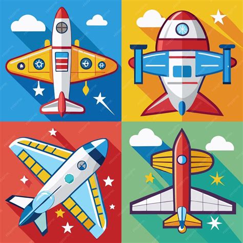 Illustration Of Four Different Cartoon Planes With Long Shadows And A