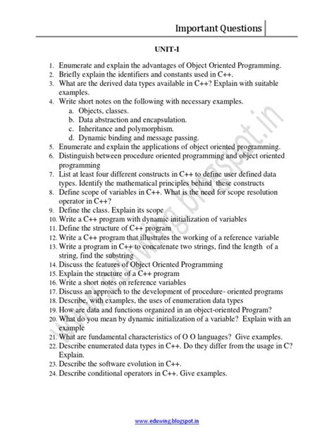 Important Questions Cpp C Class Computer Programming