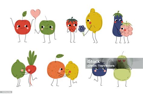 귀여운 과일과 야채 캐릭터 커플 세트 행복한 사과 딸기 레몬 아보카도 라임 오렌지 블루베리 손을 잡고 만화 벡터 일러스트레이션을 껴안고 있다 과일에 대한 스톡 벡터 아트 및