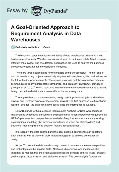 A Goal Oriented Approach To Requirement Analysis In Data Warehouses 472 Words Critical