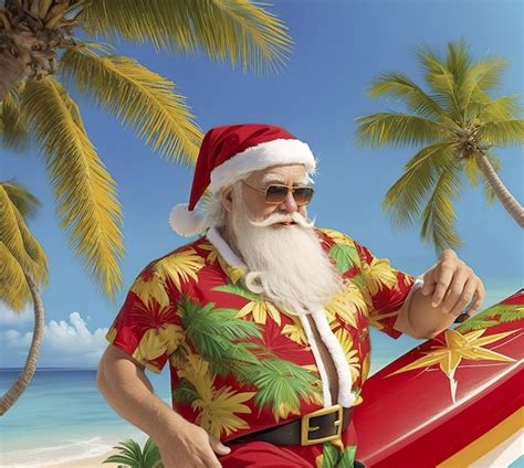 Premium Photo Santa Claus In Tropical Paradise Sandy Beach Surfboard