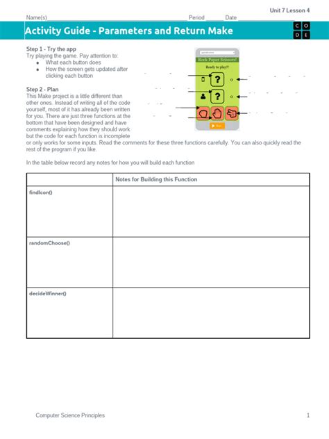 Activity Guide Parameters And Return Make Unit 7 Lesson 4 1 Pdf
