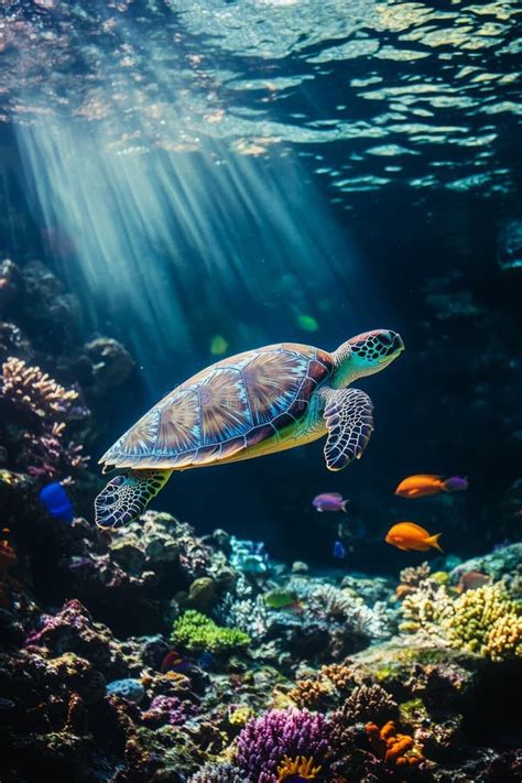 A Vibrant Underwater Scene Featuring A Gentle Sea Turtle Gliding Through A Colorful Coral Reef