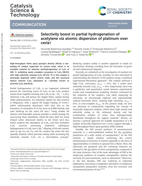 Pdf Selectivity Boost In Partial Hydrogenation Of Acetylene Via Atomic Dispersion Of Platinum