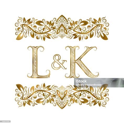 L 과 K 빈티지 이식 기호입니다 편지는 장식 요소로 둘러싸여 있습니다 결혼식 또는 비즈니스 파트너 로얄 스타일의 모노그램 결혼식에 대한 스톡 벡터 아트 및 기타 이미지