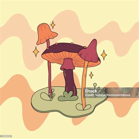 다양한 마법의 환각 성 버섯 판타지 귀여운 요소 풀밭에 복고풍 만화 버섯 추상적인 현대적인 디자인 히피 스타일 격리된 배경에 벡터 플랫 일러스트레이션입니다 Drug에 대한